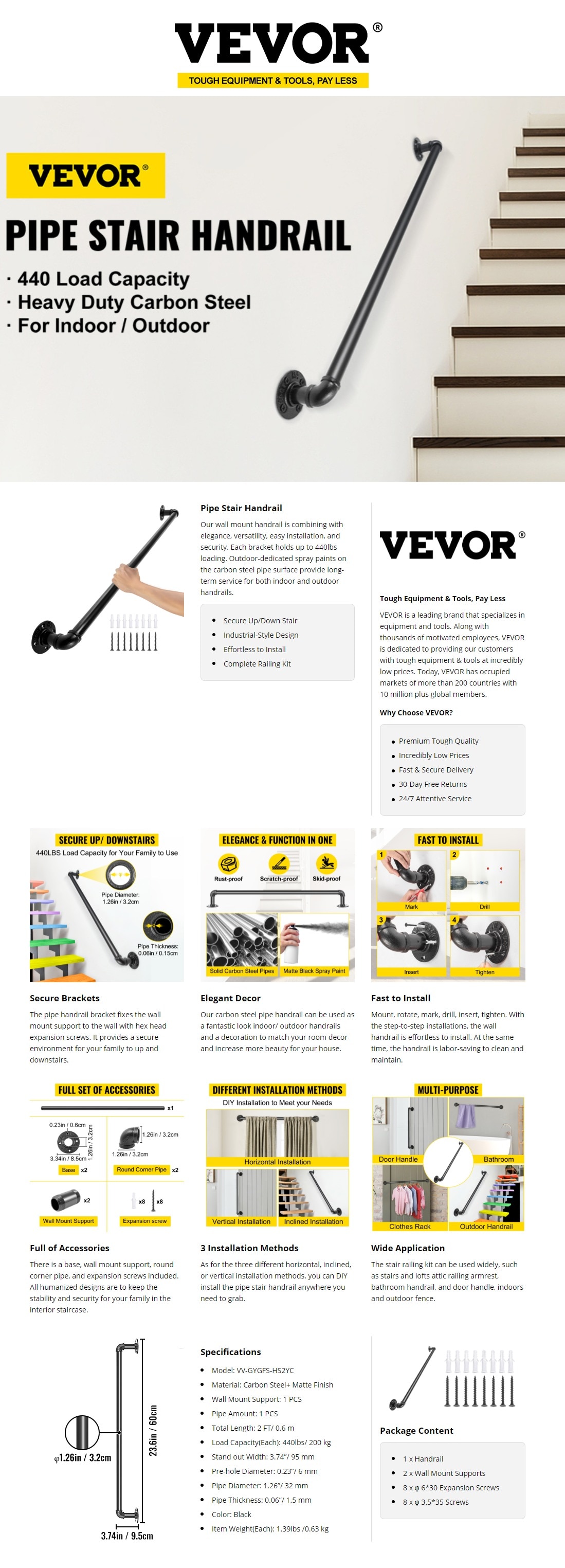 VEVOR 2 ft. Pipe Stair Handrail 440 lbs. Load Capacity Wall Mounted ...