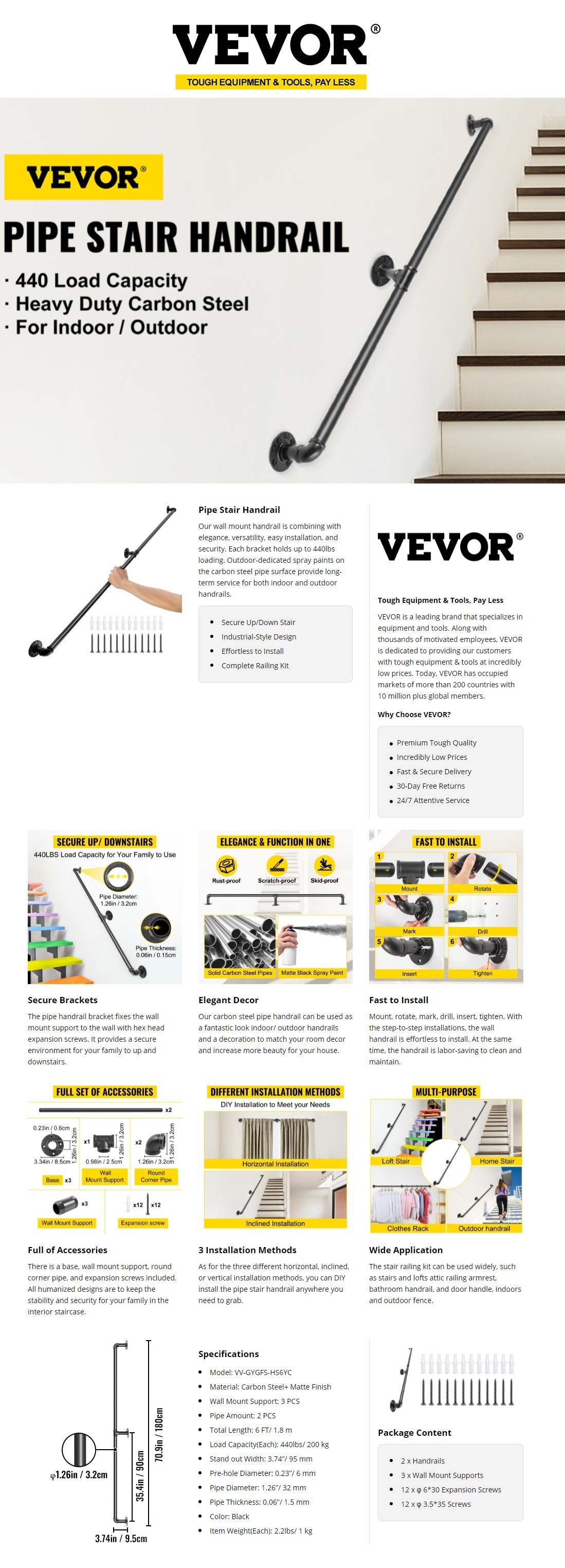 VEVOR 6 ft. Pipe Stair Handrail 440 lbs. Load Capacity Wall Mounted ...