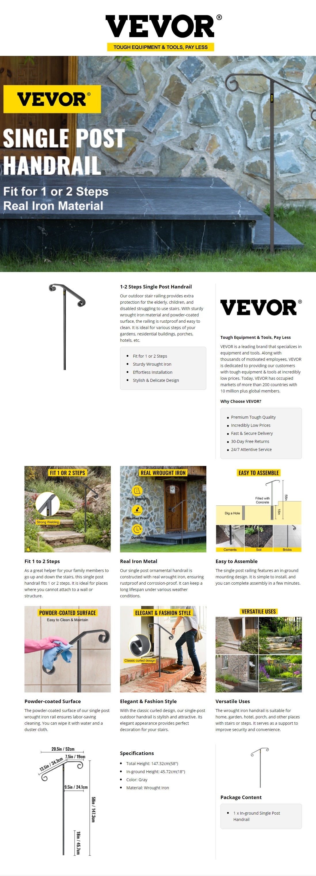 VEVOR Single Post Handrail Wrought Iron Post Fits 1 or 2 Steps ...