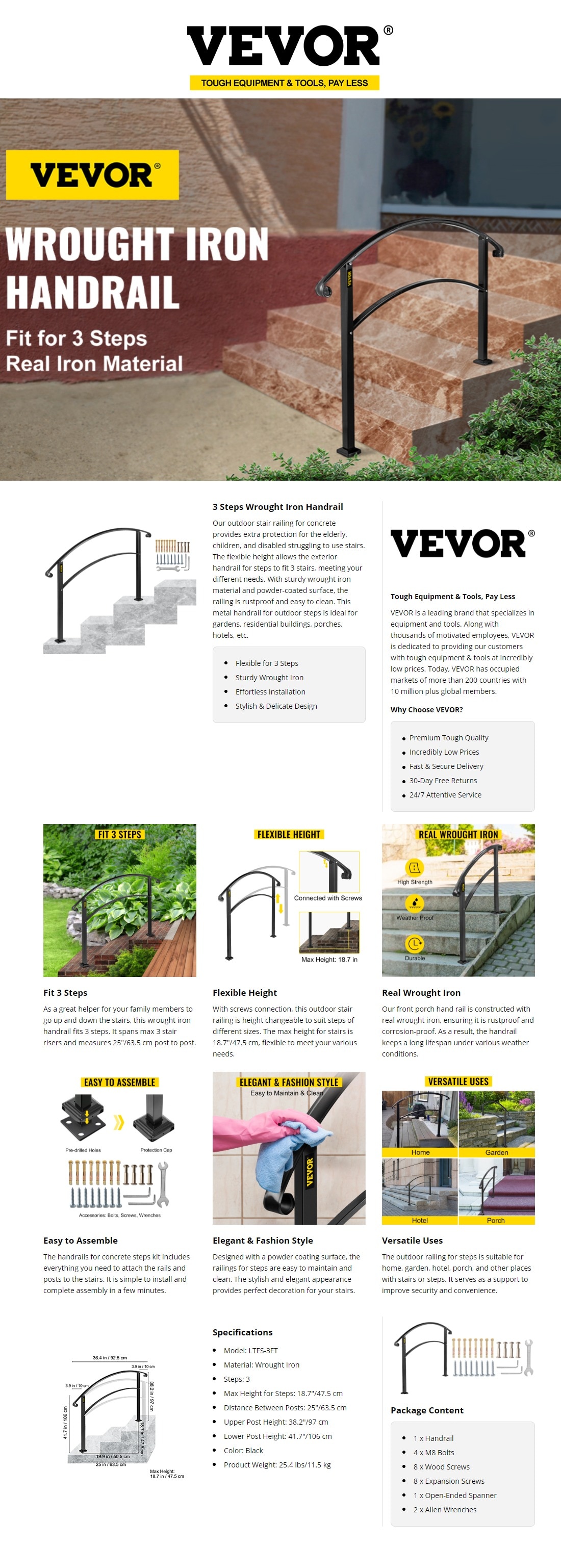 VEVOR Handrails Fit 1 to 3 Steps Stair Railing Wrought Iron Handrail ...