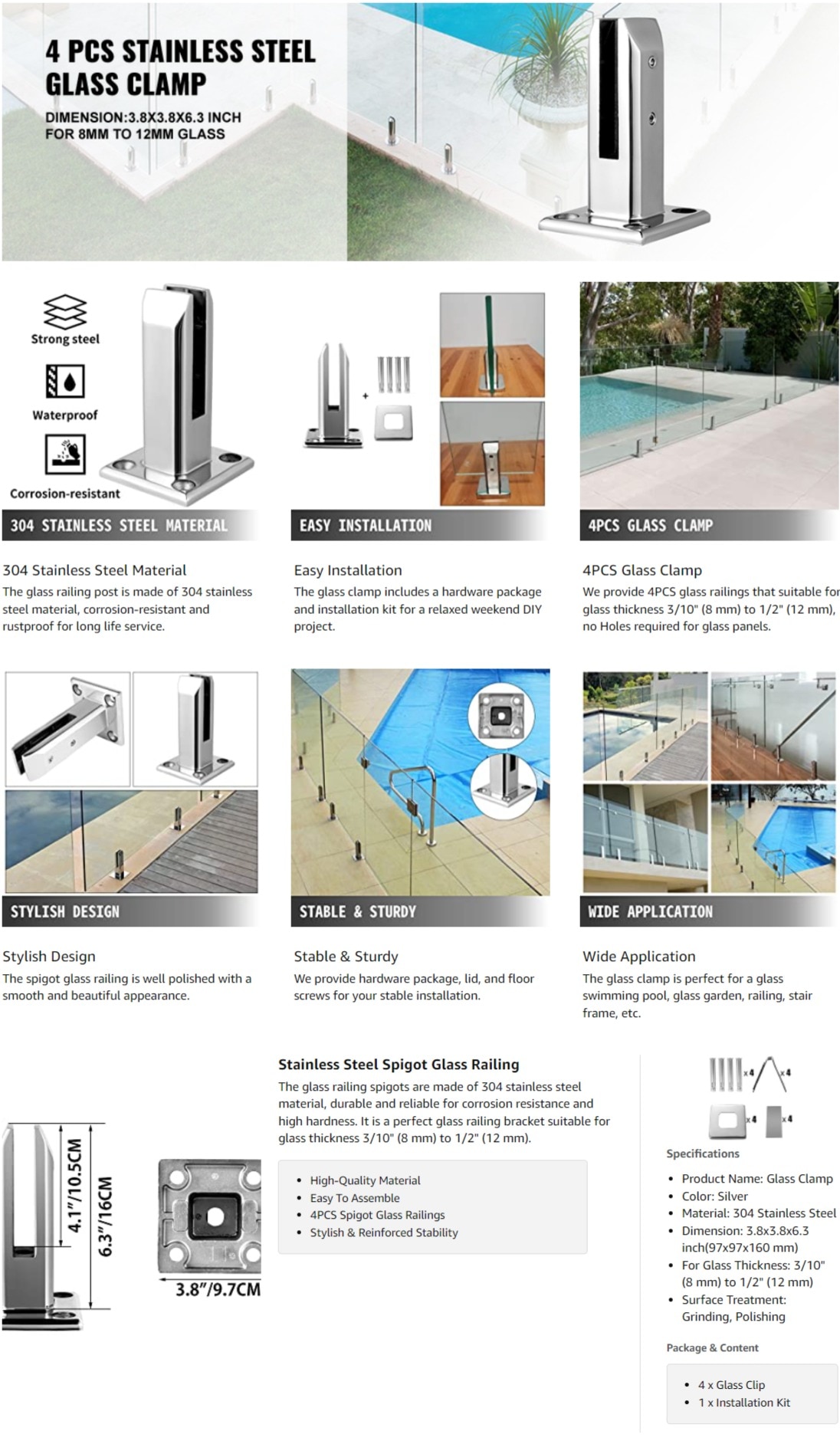 VEVOR Glass Railing Clamp 4 PCS Glass Railing 3.8 x 3.8 x 6.3 in. Glass ...