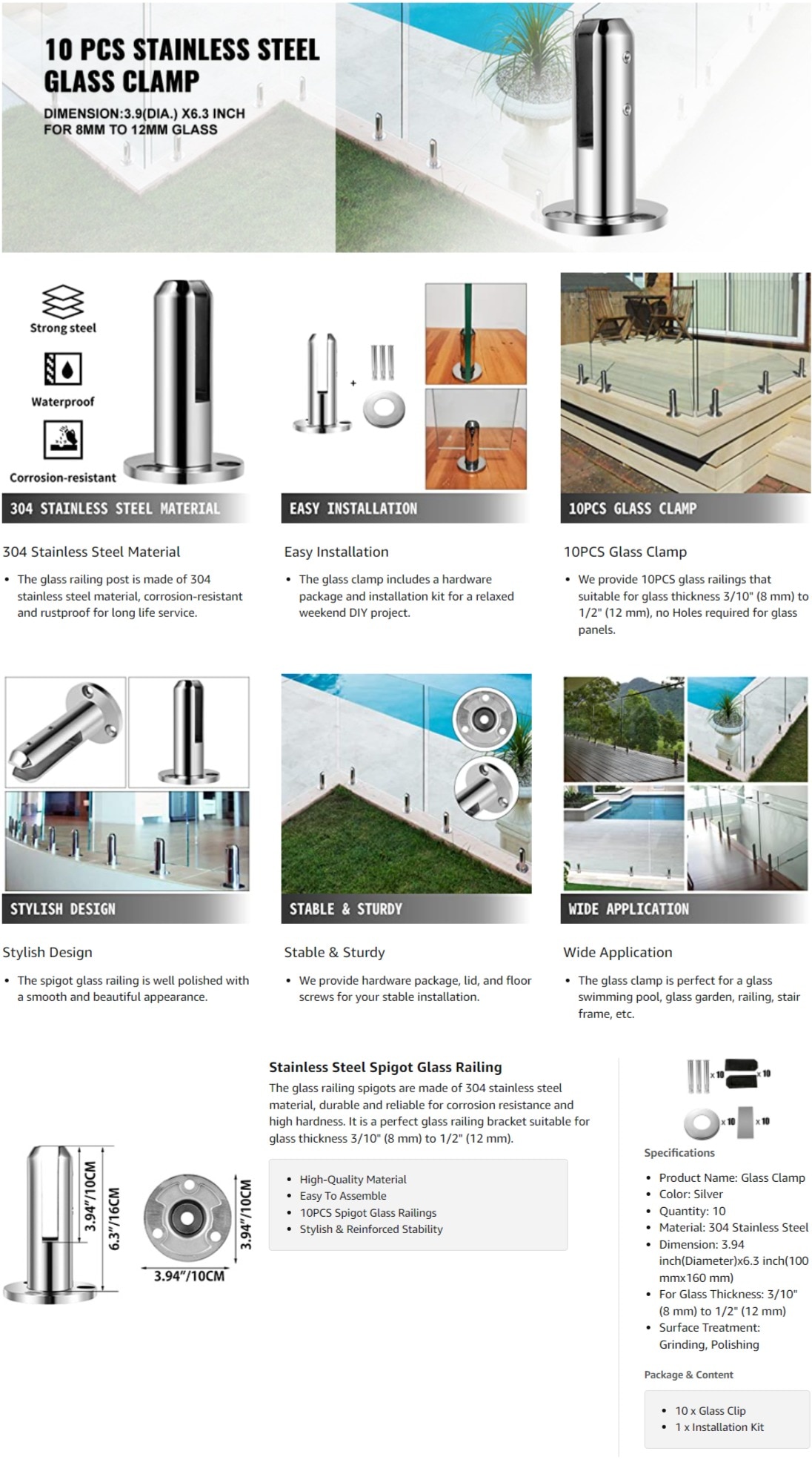 VEVOR Glass Railing Clamp 10-Piece Glass Railing 3.94 in. x 6.3 in ...