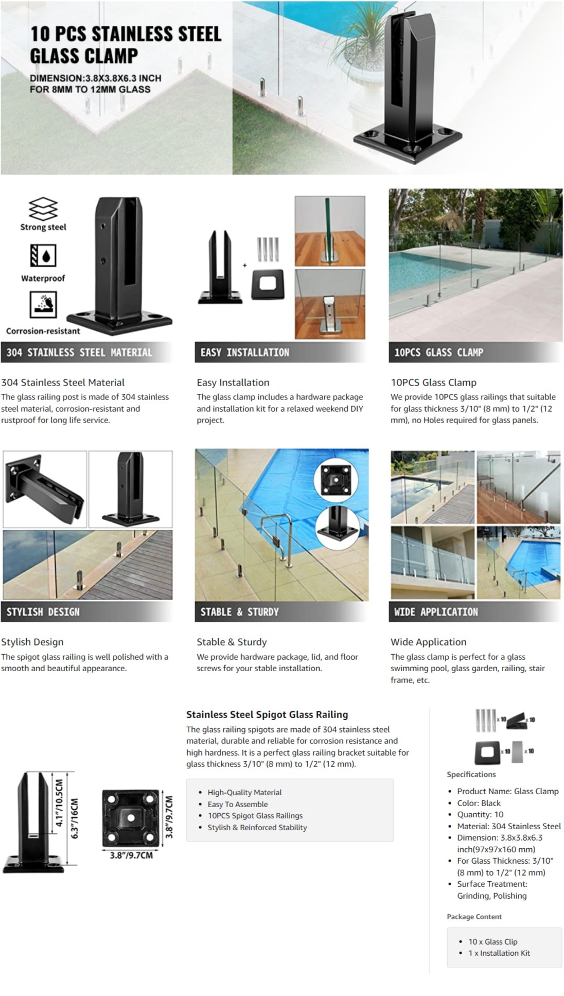 VEVOR Glass Railing Clamp 10 PCS Glass Railing 3.8 x 3.8 x 6.3 in ...