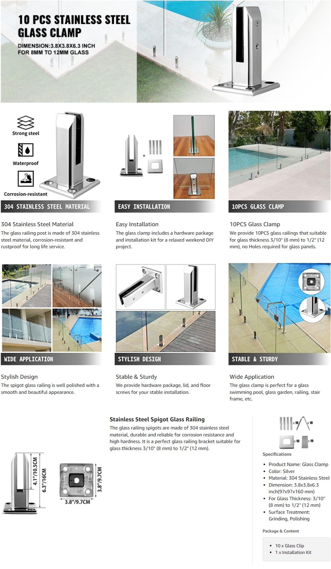 VEVOR Glass Railing Clamp 10 PCS Glass Railing 3.8 x 3.8 x 6.3 in ...