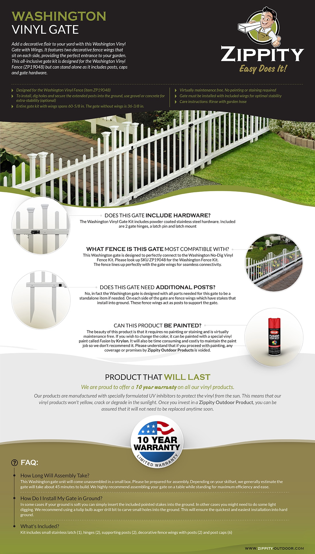 Zippity Outdoor Products 5 ft. W x 2.5 ft. H White Vinyl Washington ...