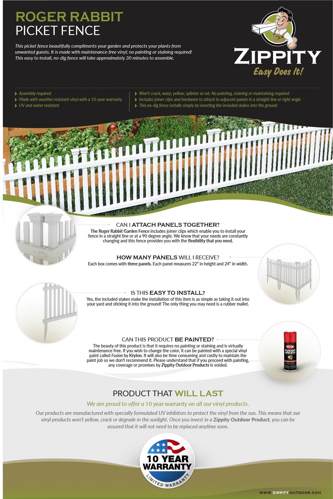 Zippity Outdoor Products Roger Rabbit 2 ft. x 2 ft. White Picket Vinyl ...