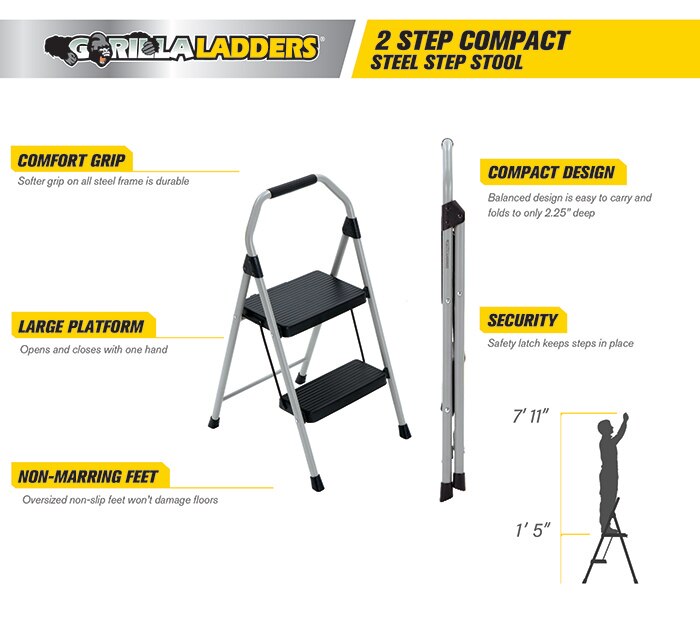 Gorilla Ladders 2-Step Compact Steel Step Stool with 225 lbs. Load ...
