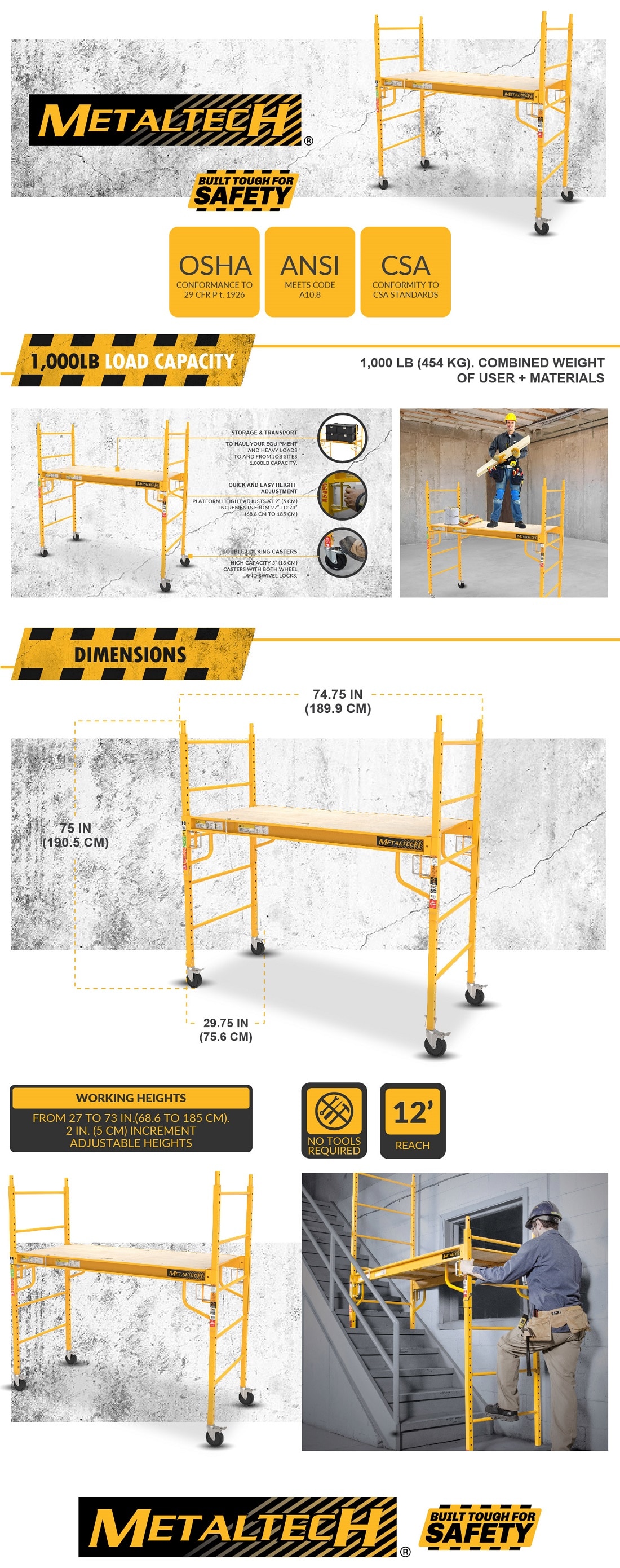 MetalTech Jobsite 6 ft. Baker Style Rolling Scaffold Platform, 1100 lbs ...