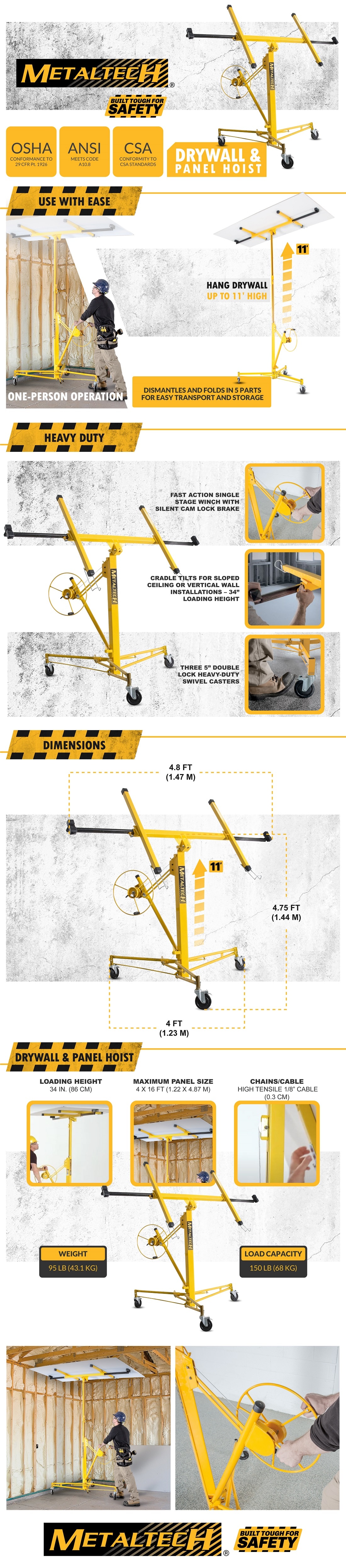 MetalTech 48.4 in. x 57 in. x 58 in. Jobsite Series Drywall Panel Hoist ...