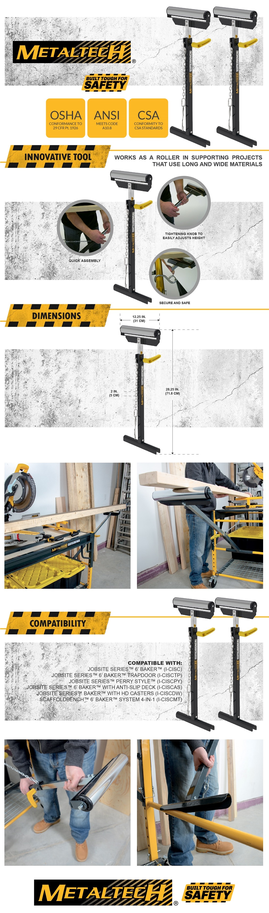 MetalTech 28.25 in. Adjustable Steel Bench Support Roller for Work ...
