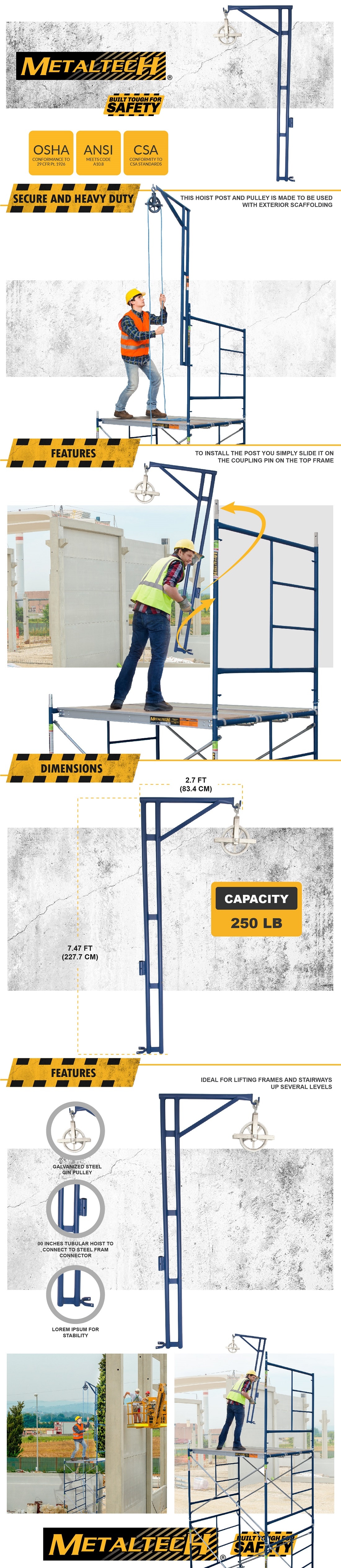 MetalTech 90 in. Steel Hoist Post and Gin Block Pulley Kit, Scaffolding ...