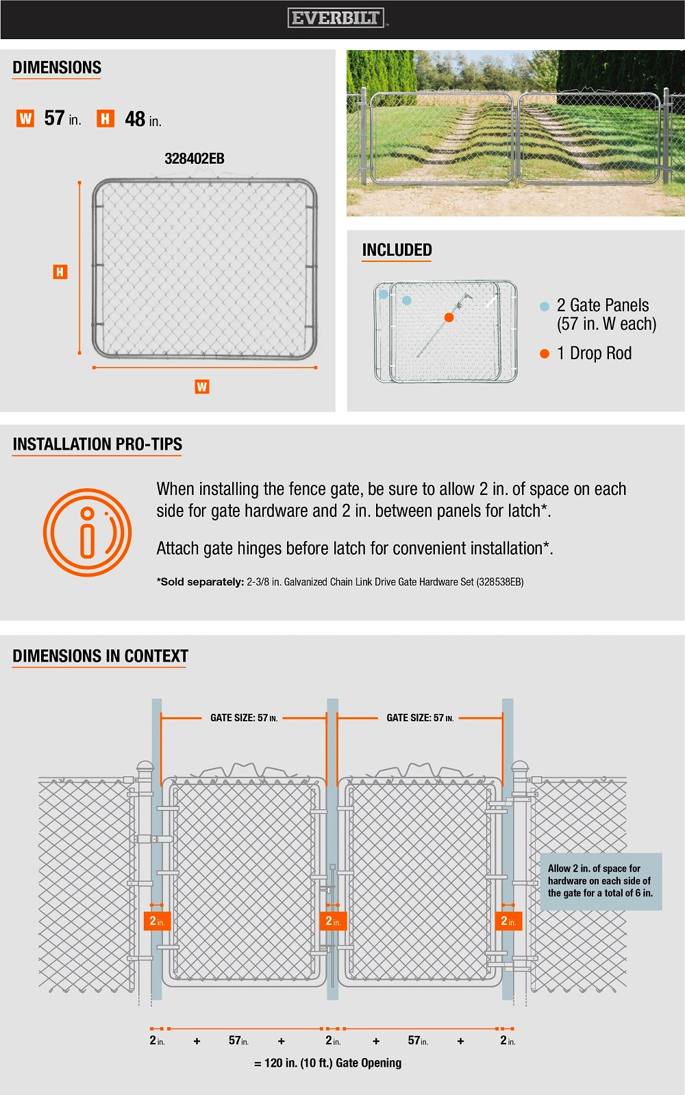 Everbilt 10 ft. W x 4 ft. H Galvanized Steel Drive Fence Gate 328402EB ...