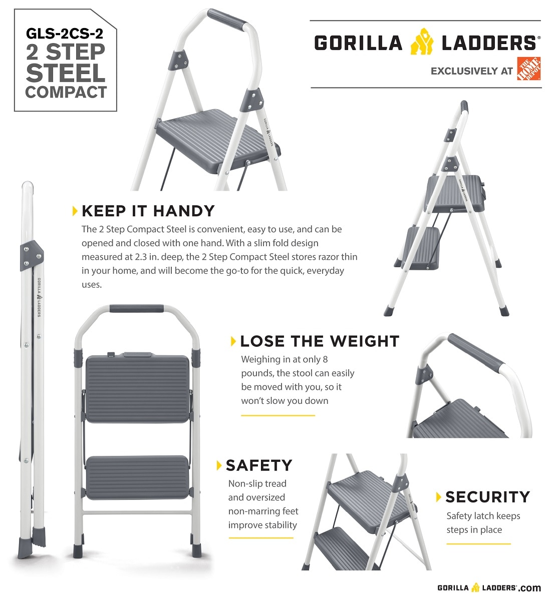Gorilla Ladders 2-Step Compact Steel Step Stool, 225 lbs. Load Capacity ...