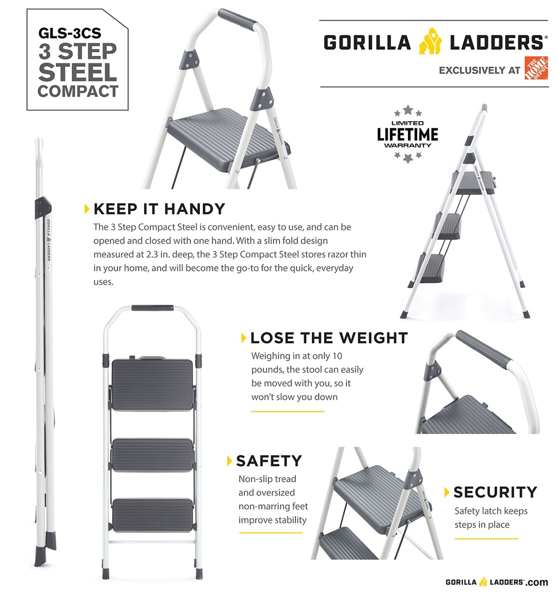 Gorilla Ladders 3-Step Compact Steel Step Stool with 225 lb. Load ...