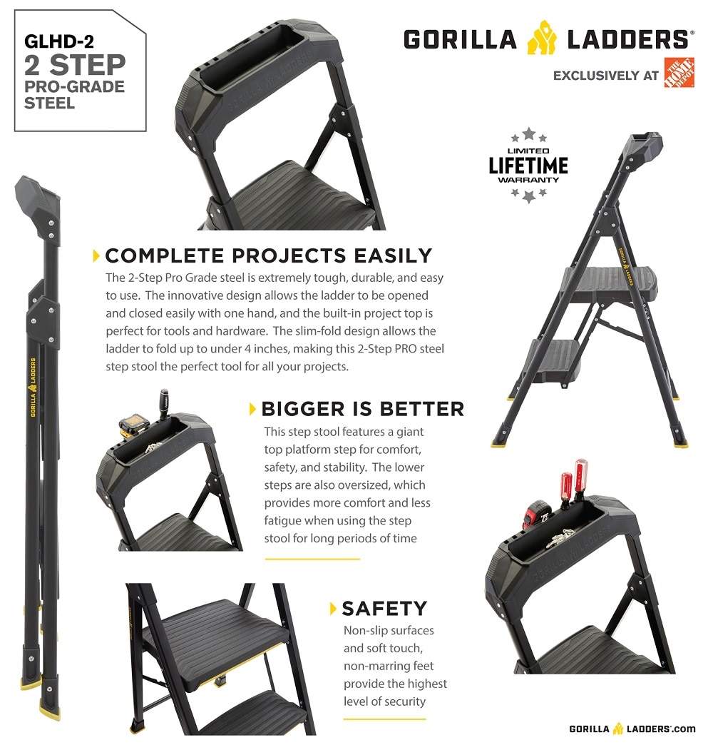 Gorilla Ladders 2-Step PRO-Grade Steel Step Stool, 300 lbs. Load ...