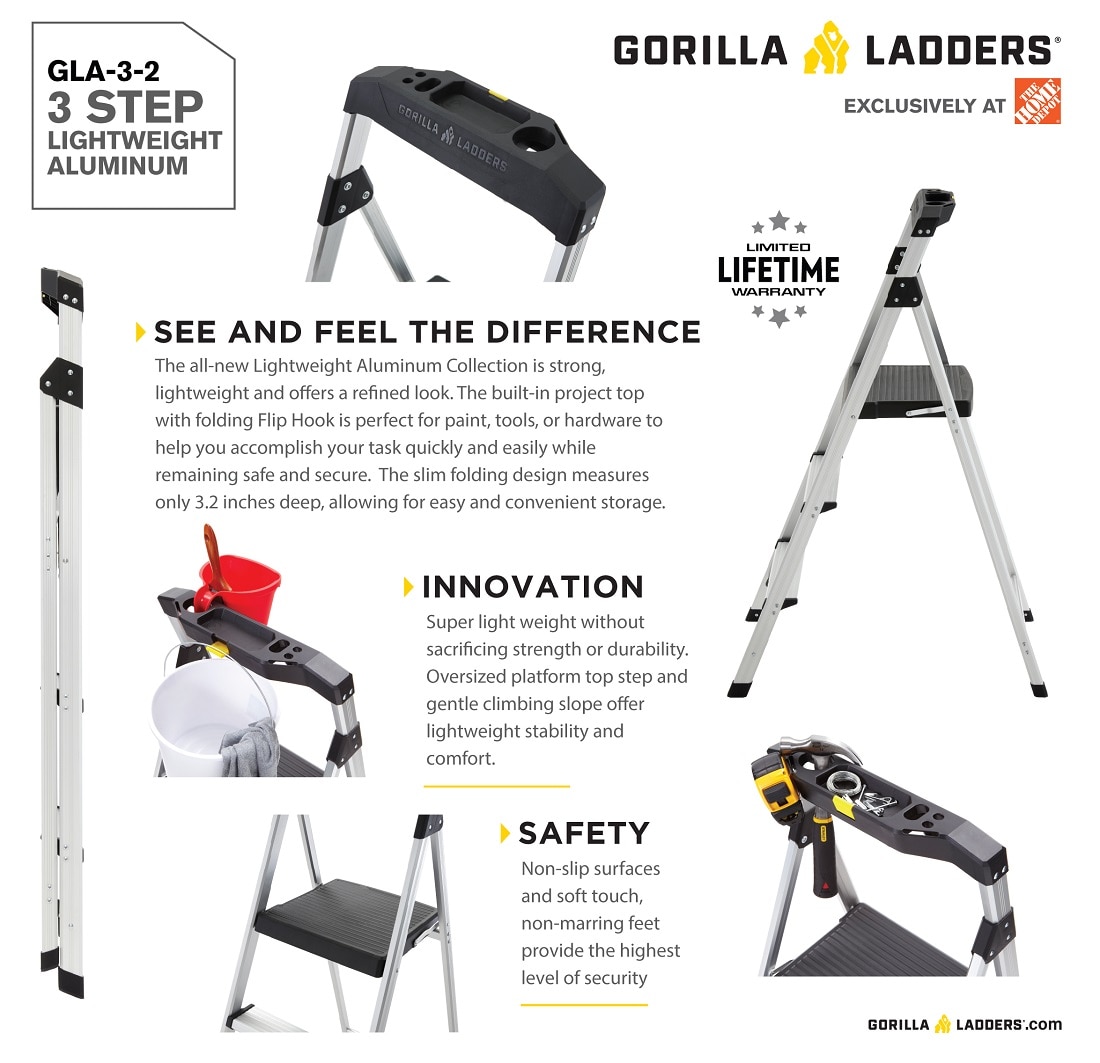 Gorilla Ladders 3-Step Aluminum Step Stool Ladder, 250 lbs. Type I Duty ...