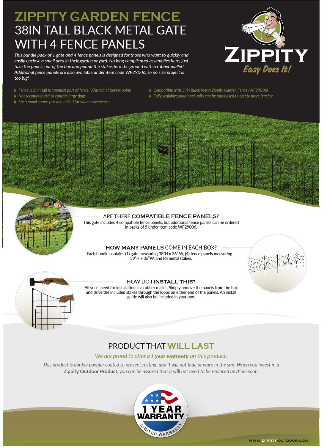 Zippity Outdoor Products 3 ft. W x 3.25 ft. H Black Metal Zippity Gate ...