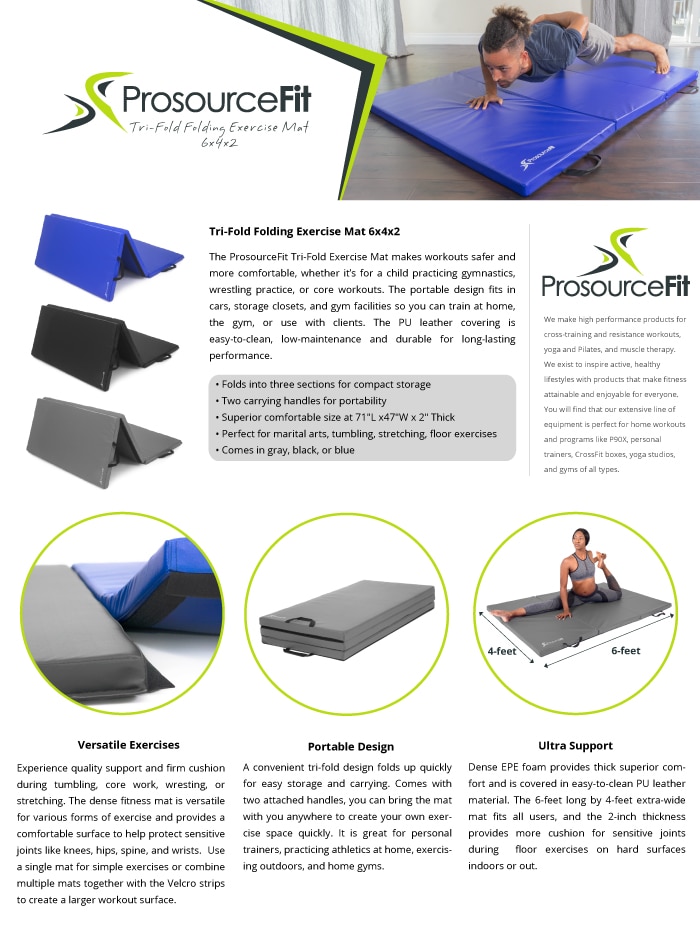 PROSOURCEFIT Tri-Fold Folding Thick Exercise Mat Blue 6 ft. x 4 ft. x 2 ...