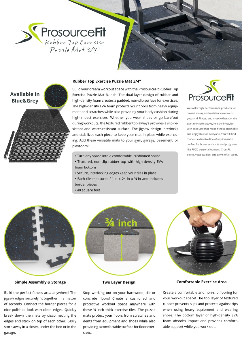PROSOURCEFIT Rubber Top Thick Exercise Puzzle Mat Blue 24 in. x 24 in ...