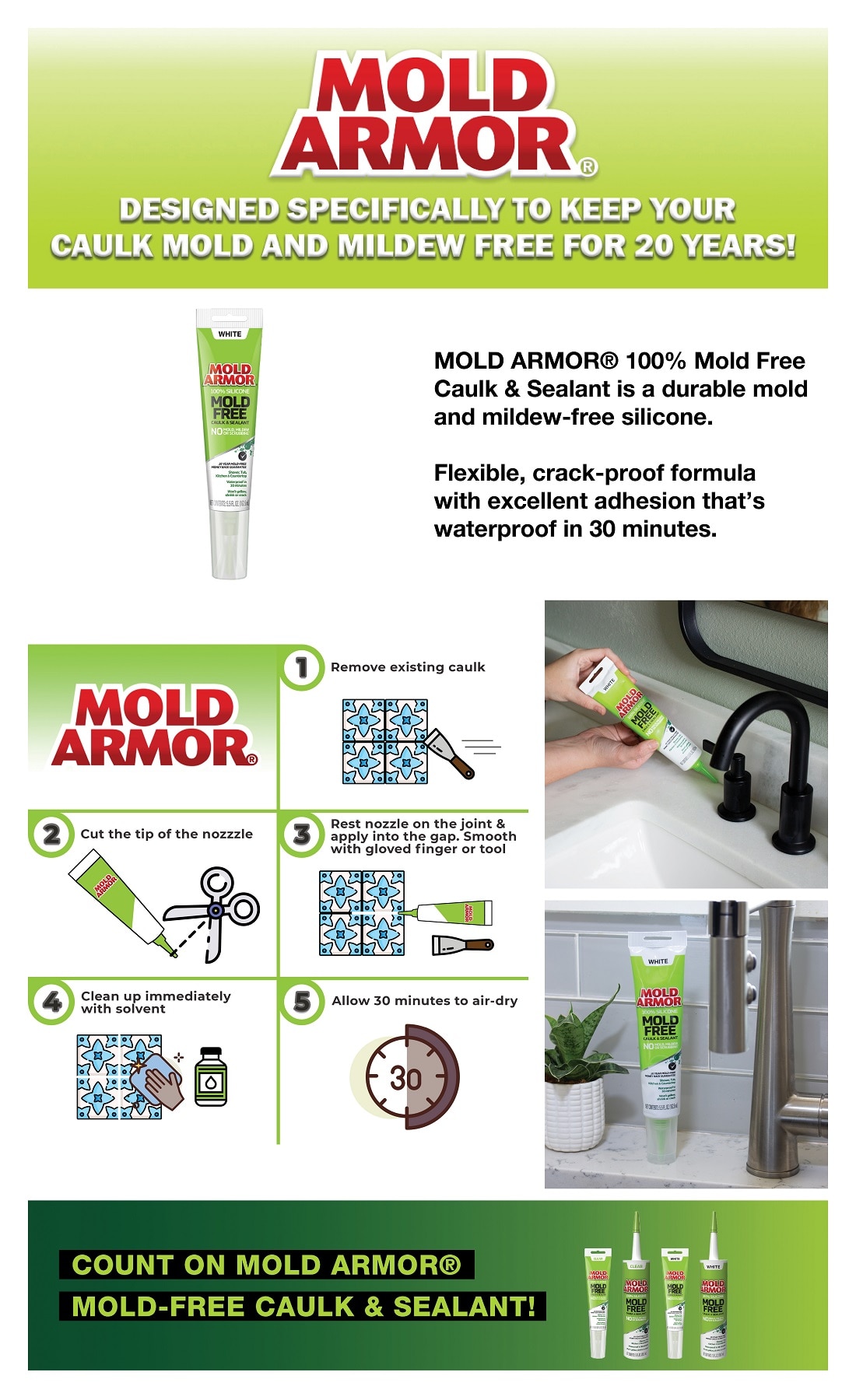 Mold Armor 5.5 oz. White Mold Free Silicone Kitchen and Bath Caulk and ...