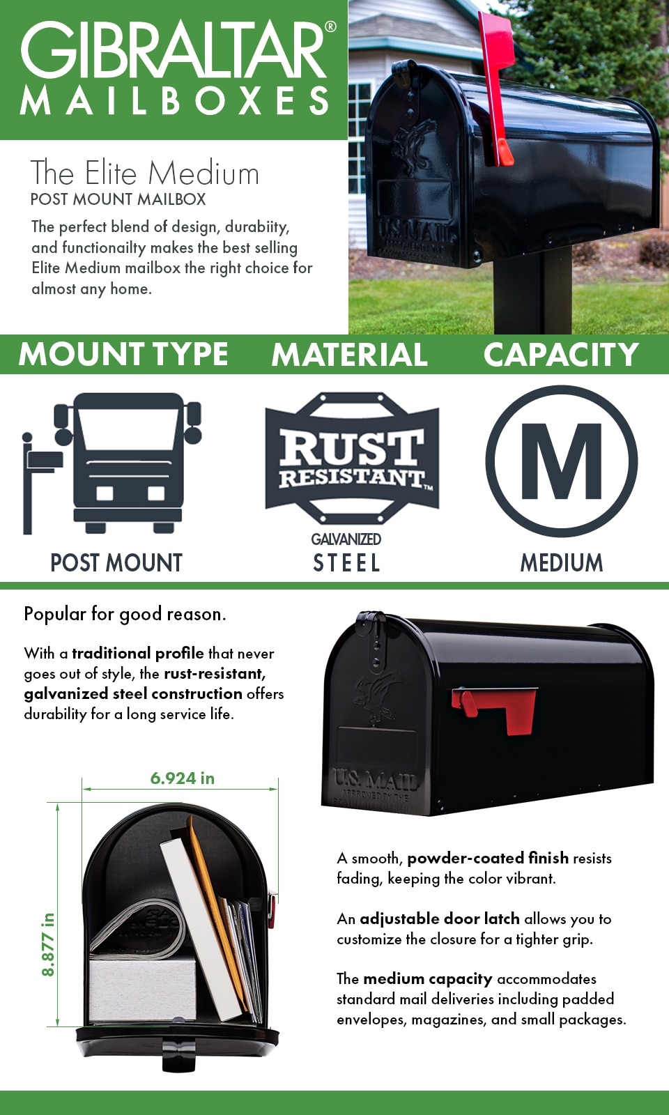 Gibraltar Mailboxes Elite Black, Medium, Steel, Post Mount Mailbox ...