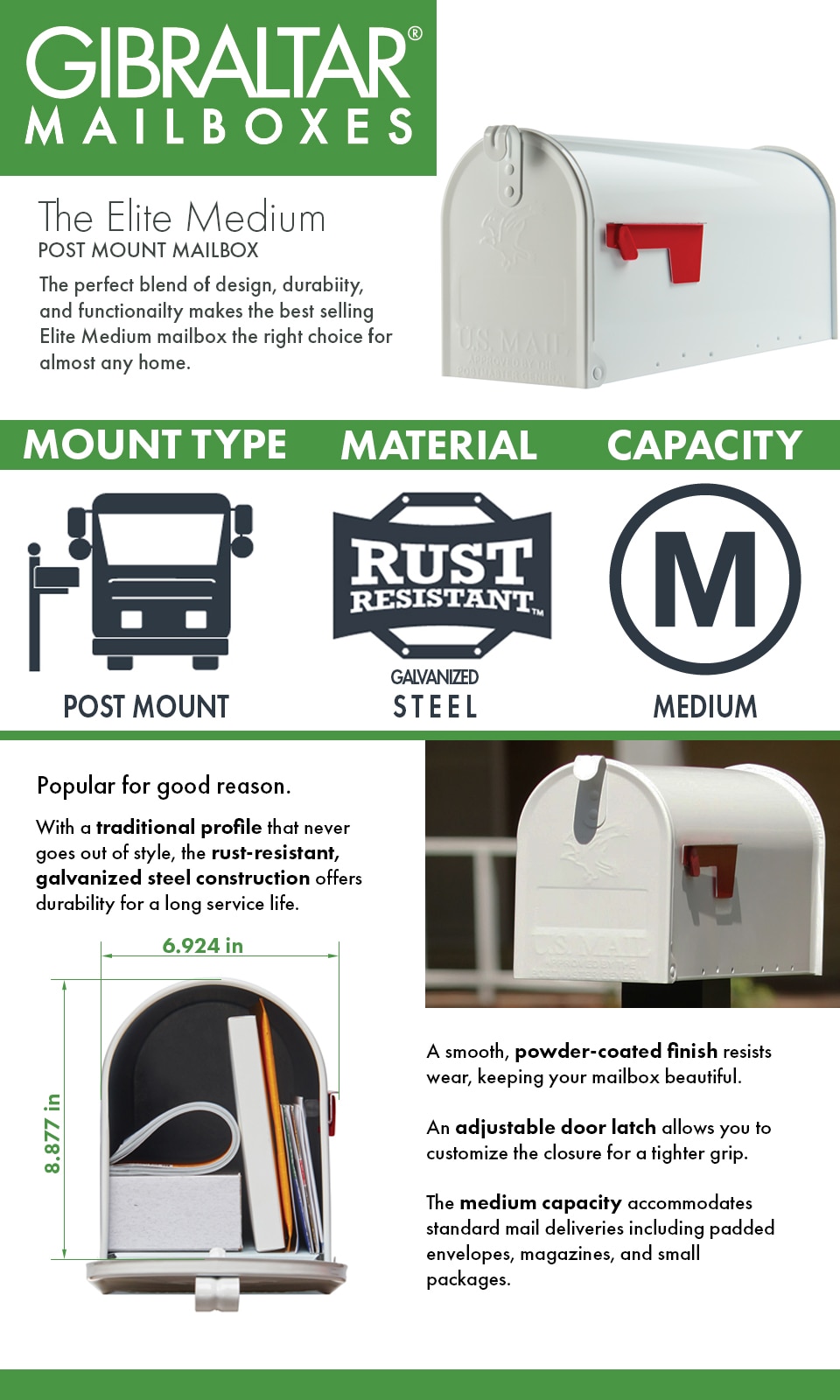 Architectural Mailboxes Elite White, Medium, Steel, Post Mount Mailbox ...