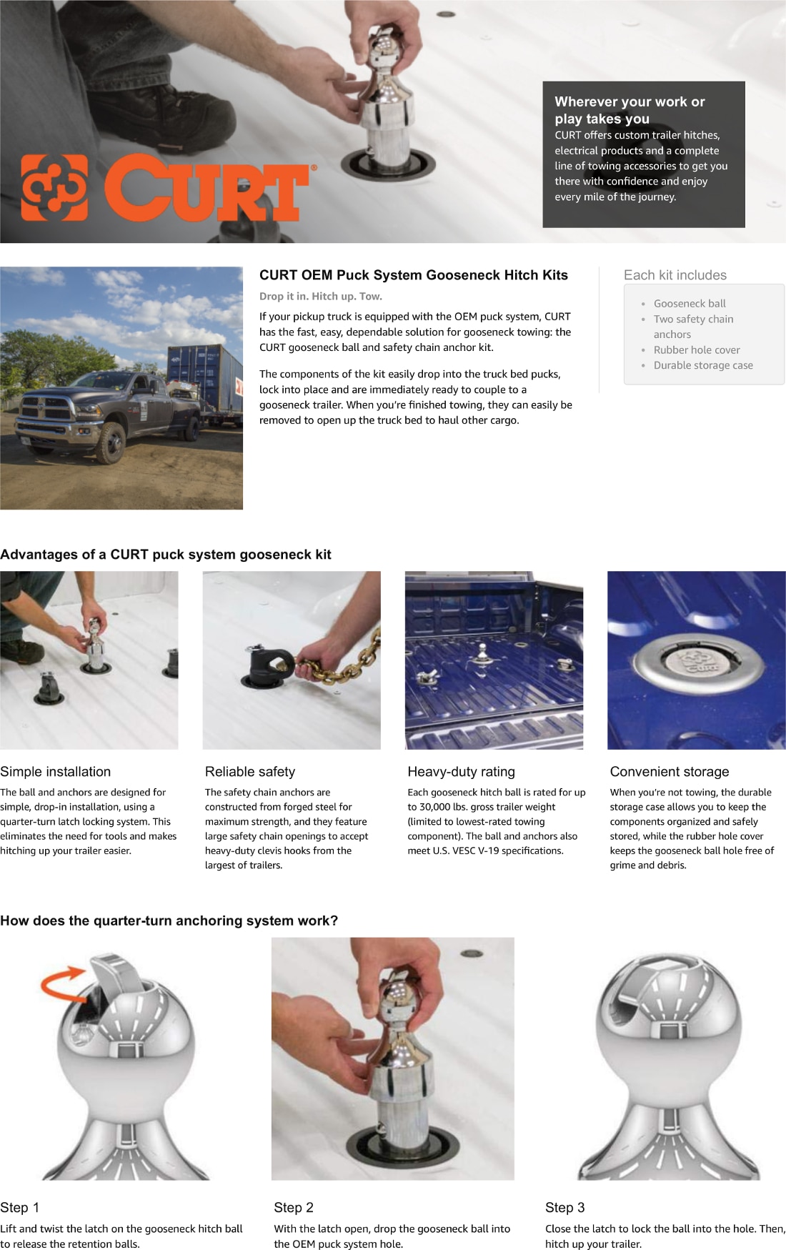 CURT OEM Puck System 2-5/16" Gooseneck Ball & Safety Chain Anchor Kit ...