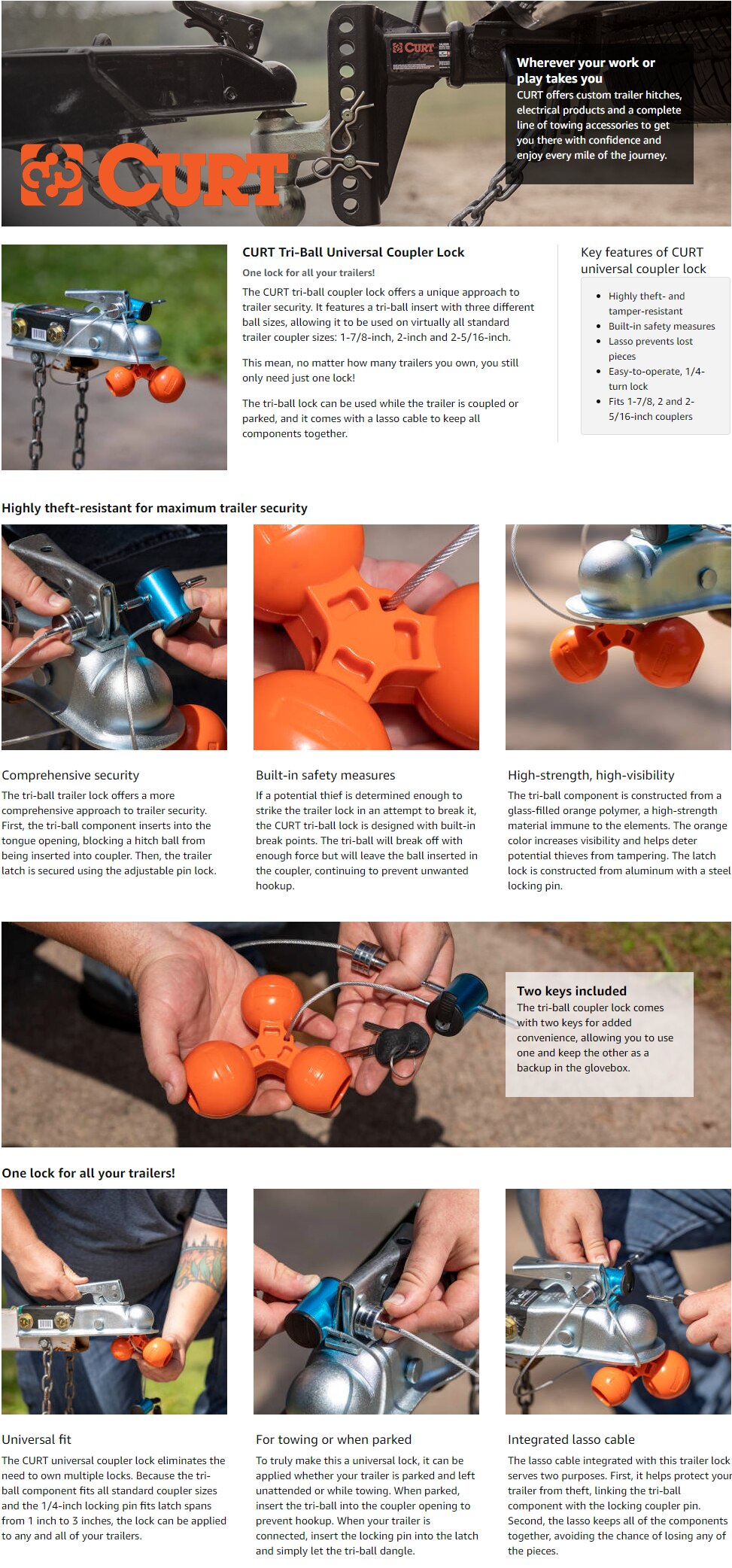 CURT Universal Tri-Ball Trailer Coupler Lock, Fits 1-7/8 in., 2 in., 2 ...