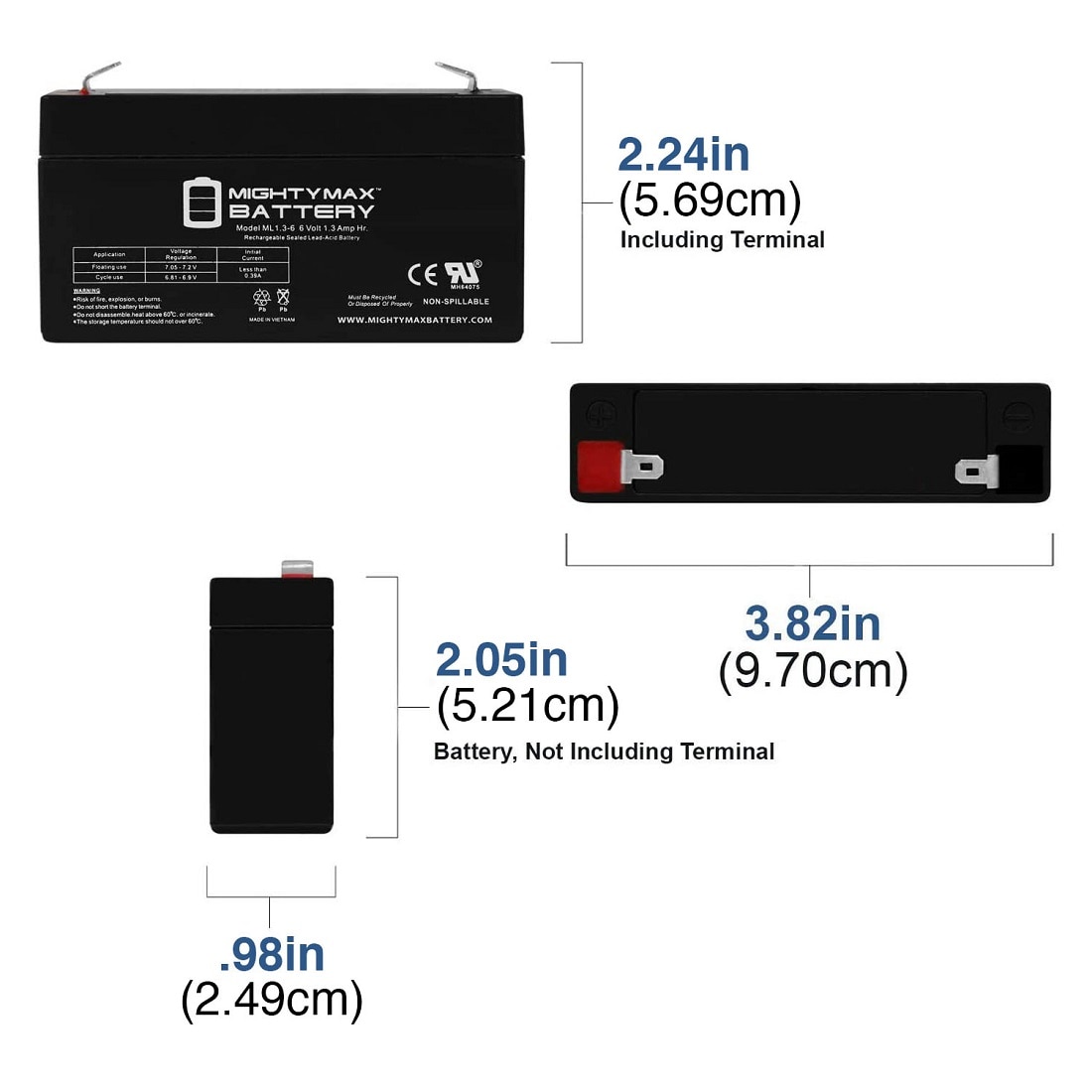 MIGHTY MAX BATTERY 6 -Volt 1.3 Ah Rechargeable F1 Terminal Sealed Lead ...