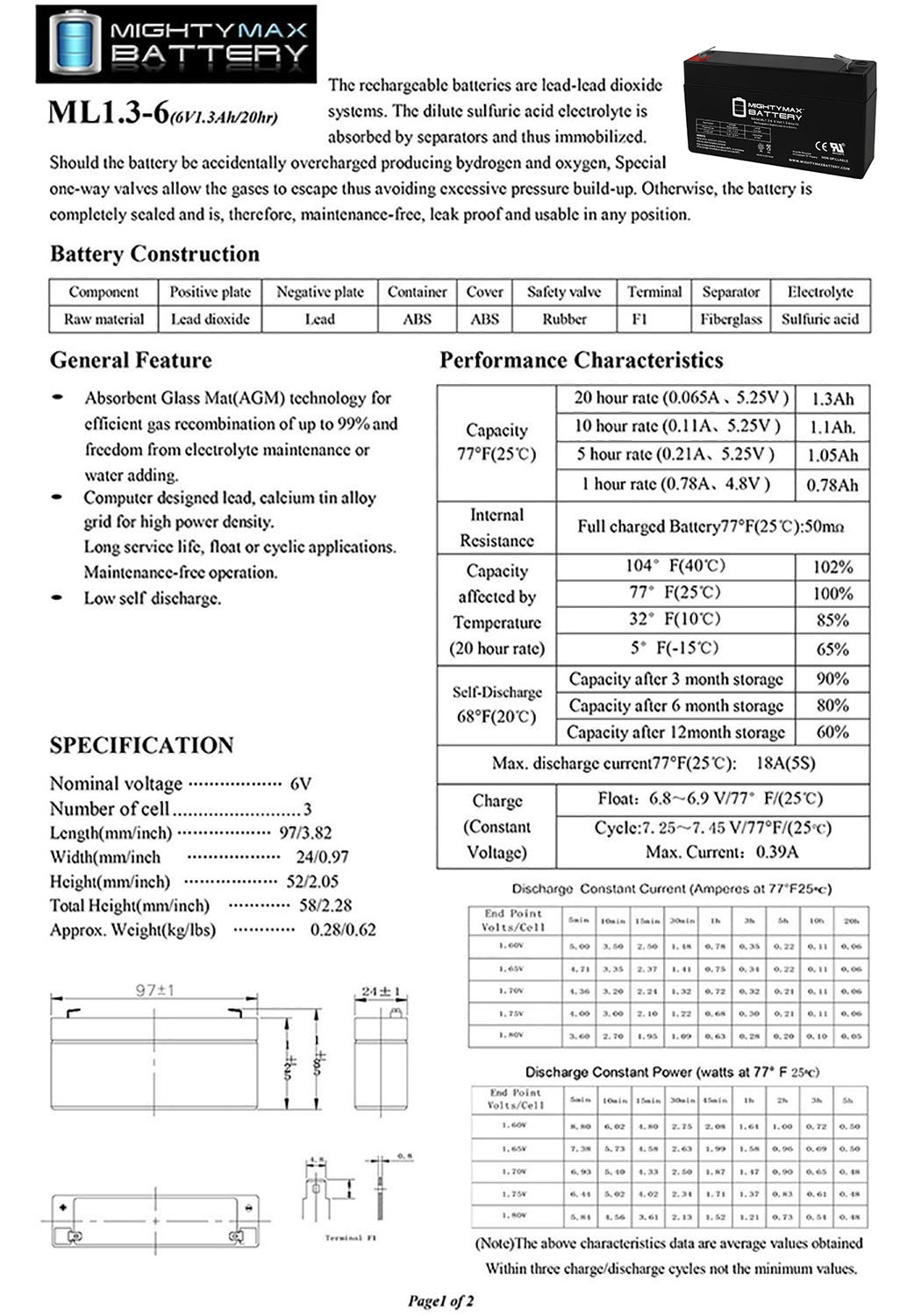 MIGHTY MAX BATTERY 6V 1.3AH GE 600-1054-95R Simon XT Replacement ...