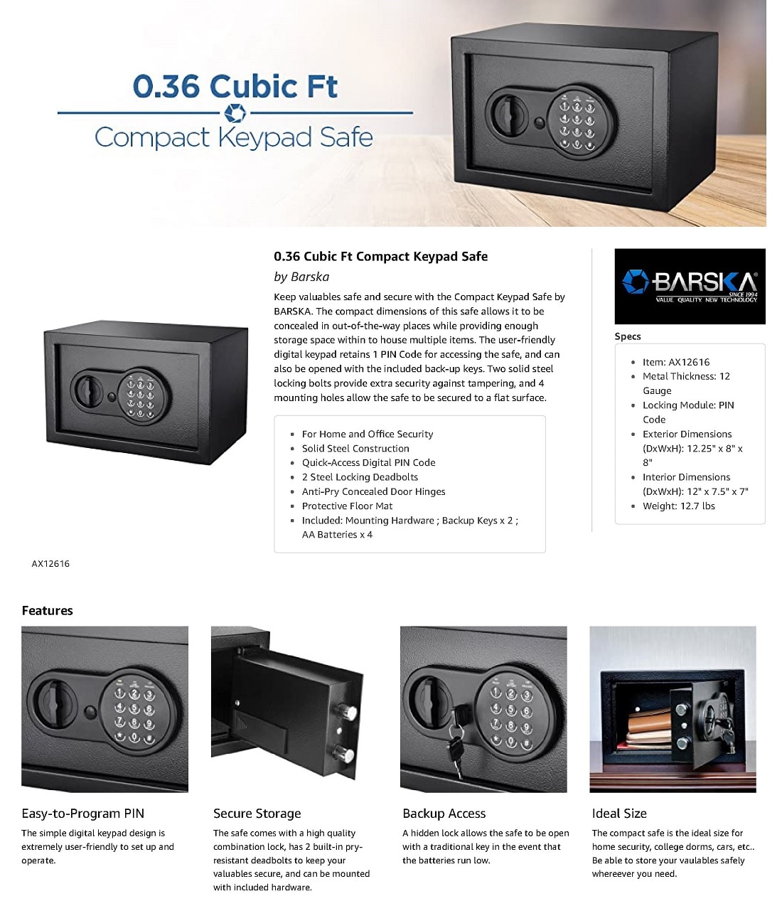 BARSKA Compact 0.36 cu. ft. Steel Keypad Safe with Digital Keypad ...