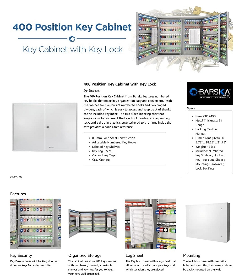 BARSKA 400-Position Steel Key Lock Box Safe with Key Lock, Gray CB12490 ...