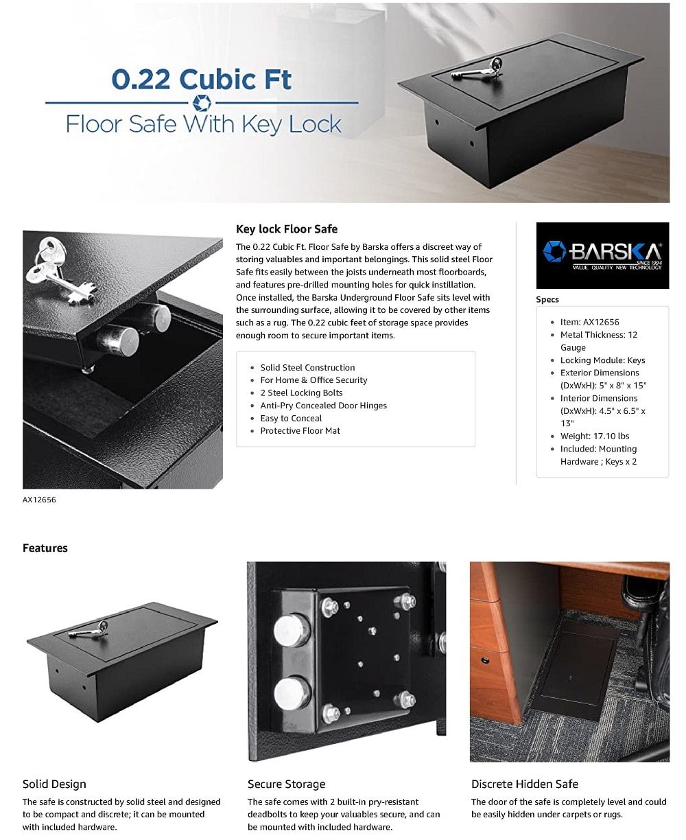 BARSKA 0.22 cu. ft. Steel Floor Safe With Key Lock, Black AX12656 - The ...