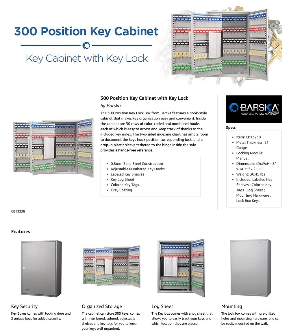 BARSKA 300-Position Steel Key Cabinet with Key Lock, Grey CB13238 - The ...