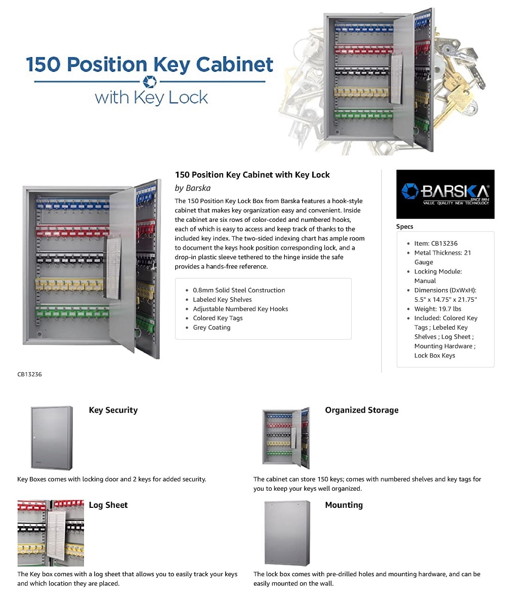 BARSKA 150-Position Steel Key Cabinet with Key Lock in Grey CB13236 ...
