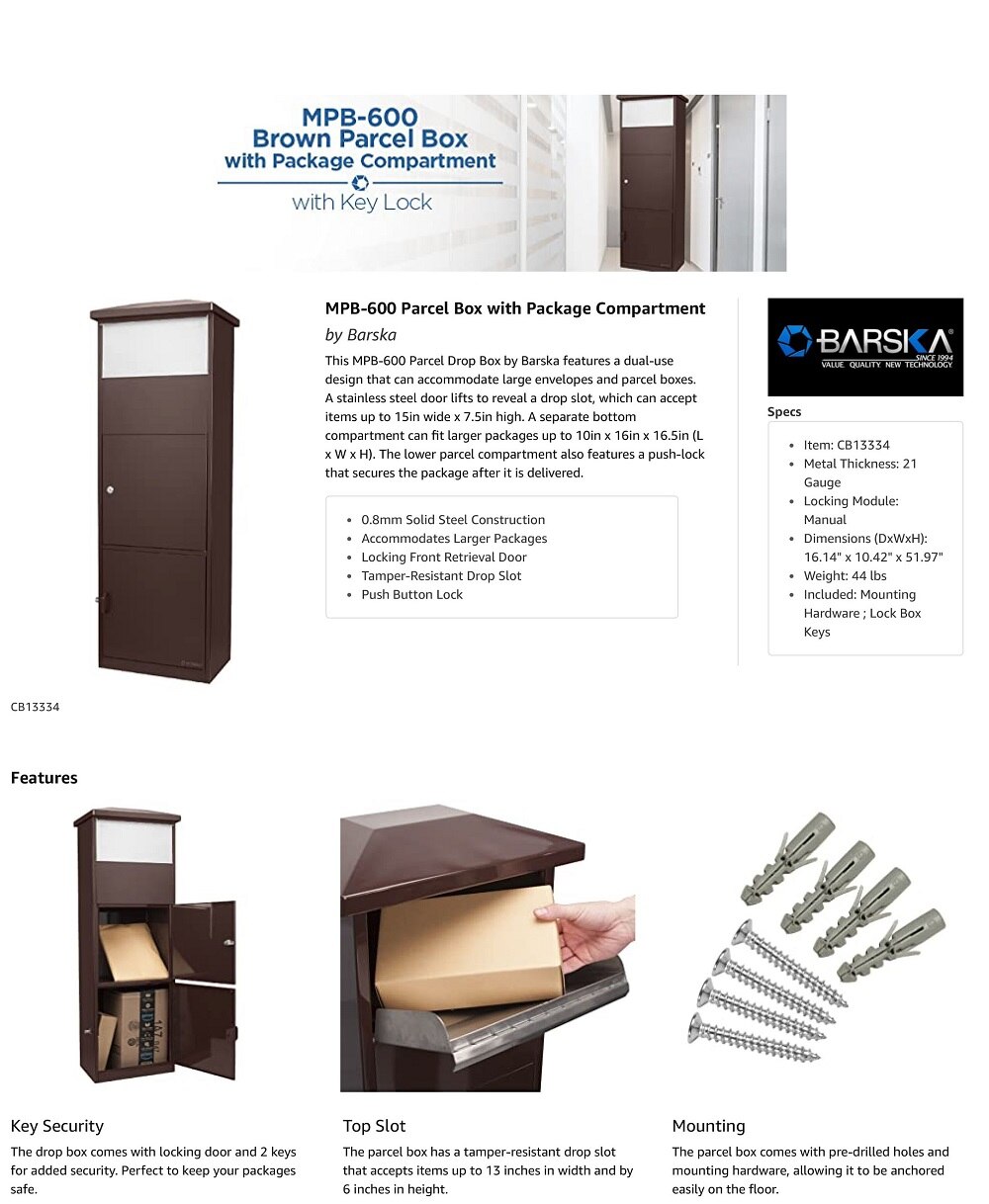 BARSKA MPB-600 Brown Parcel Box with Package Compartment-CB13334 - The ...