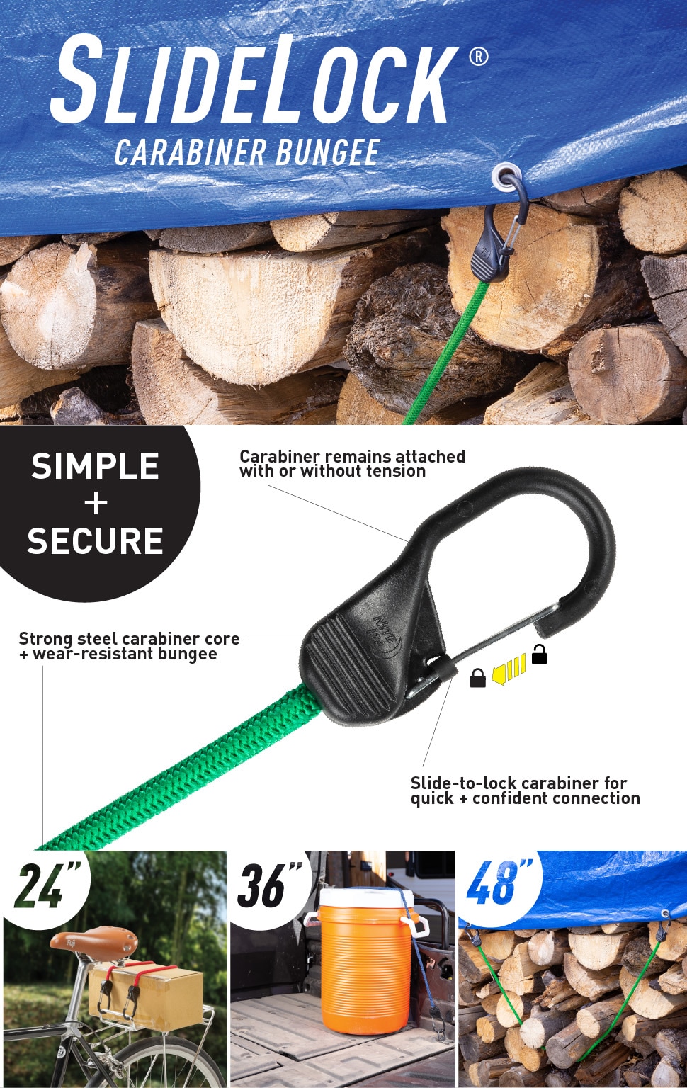 Nite Ize 48 in. Green SlideLock Carabiner Bungee BSL48-17-R3 - The Home ...