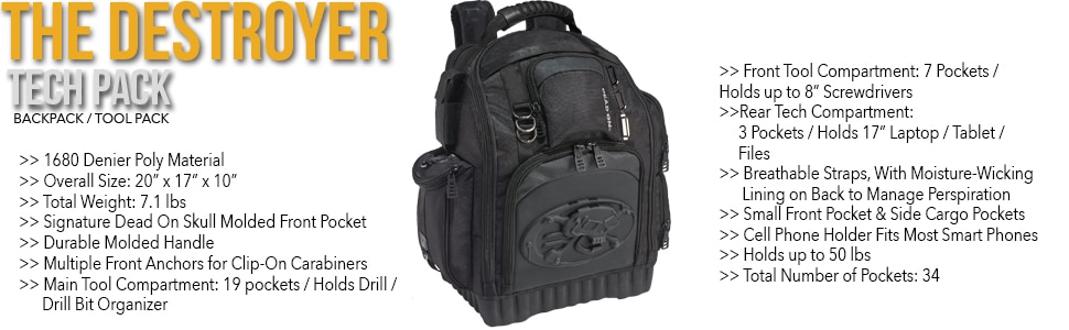 DEAD ON TOOLS 17 in. Destroyer Tech Pack Backpack Tool Pack with 34 ...