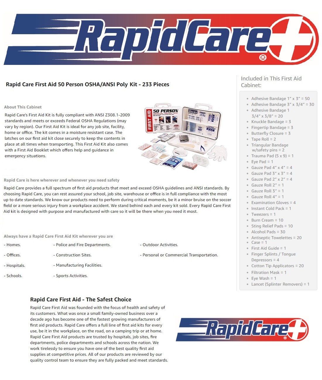 Rapid Care 233-Piece 50 Person OSHA/ANSI Poly First Aid Kit-RC-50MAN-W ...