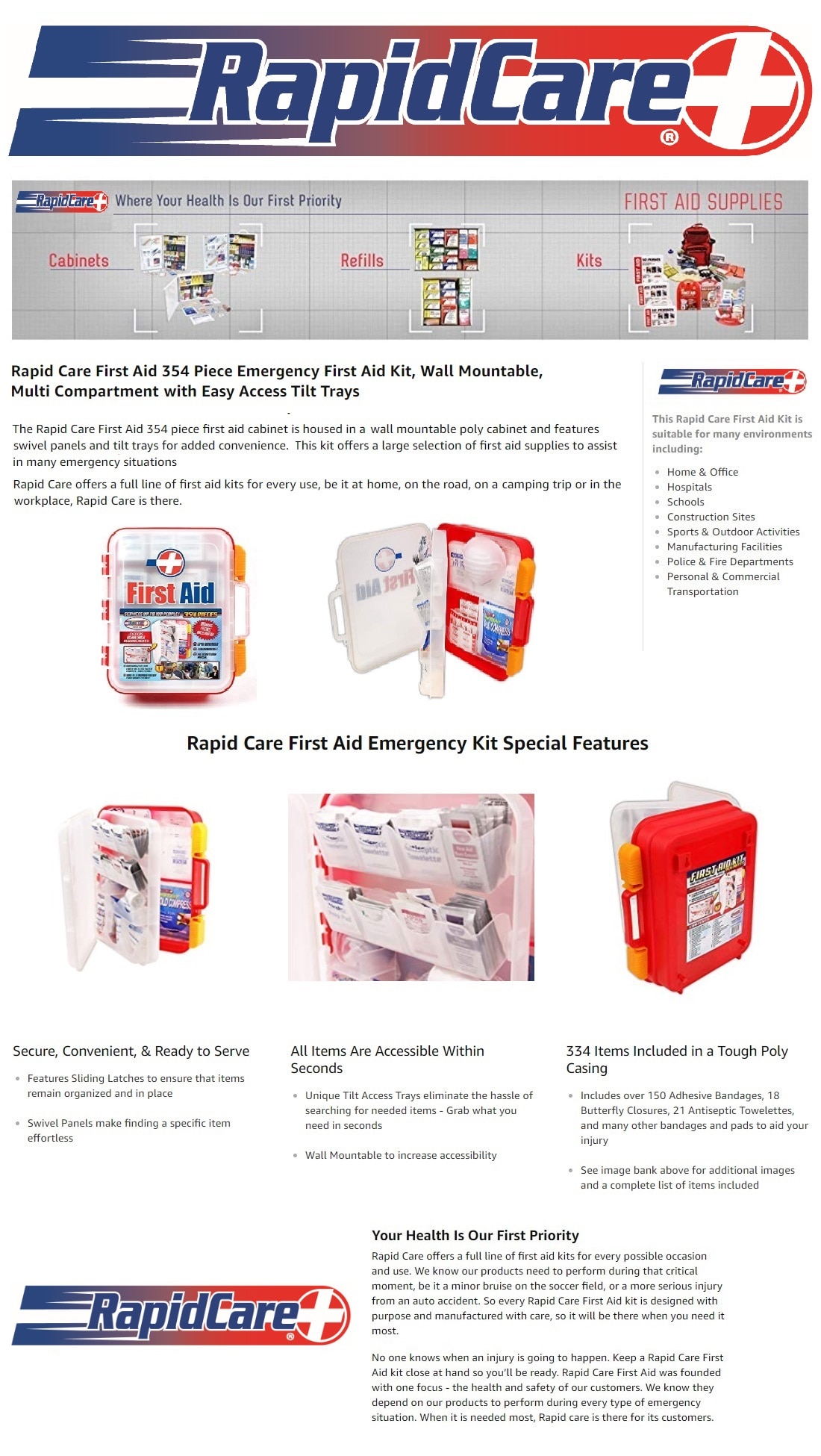 Rapid Care 354-Piece OSHA Multi-Compartment Wall Mountable First Aid ...