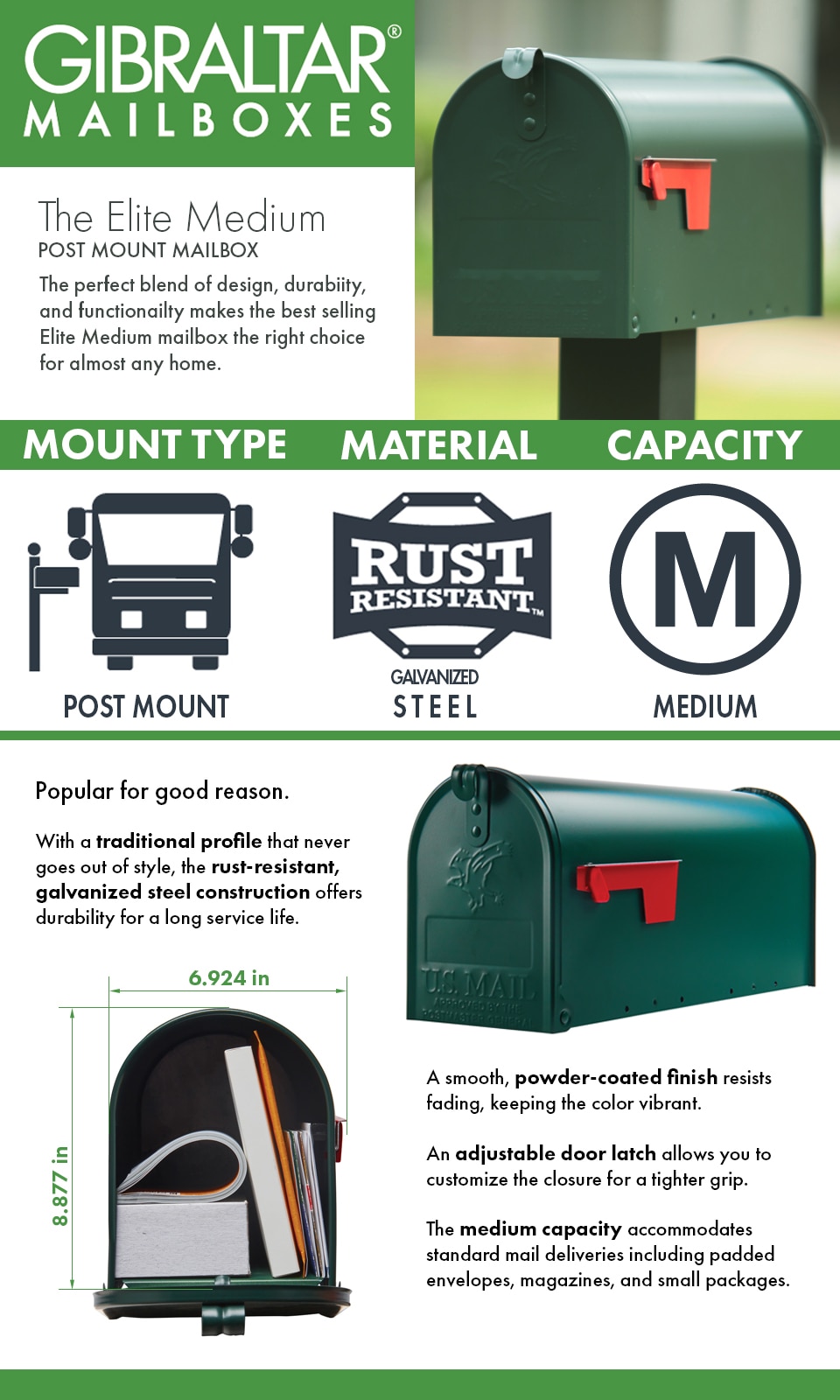 Architectural Mailboxes Elite Green, Medium, Steel, Post Mount Mailbox ...