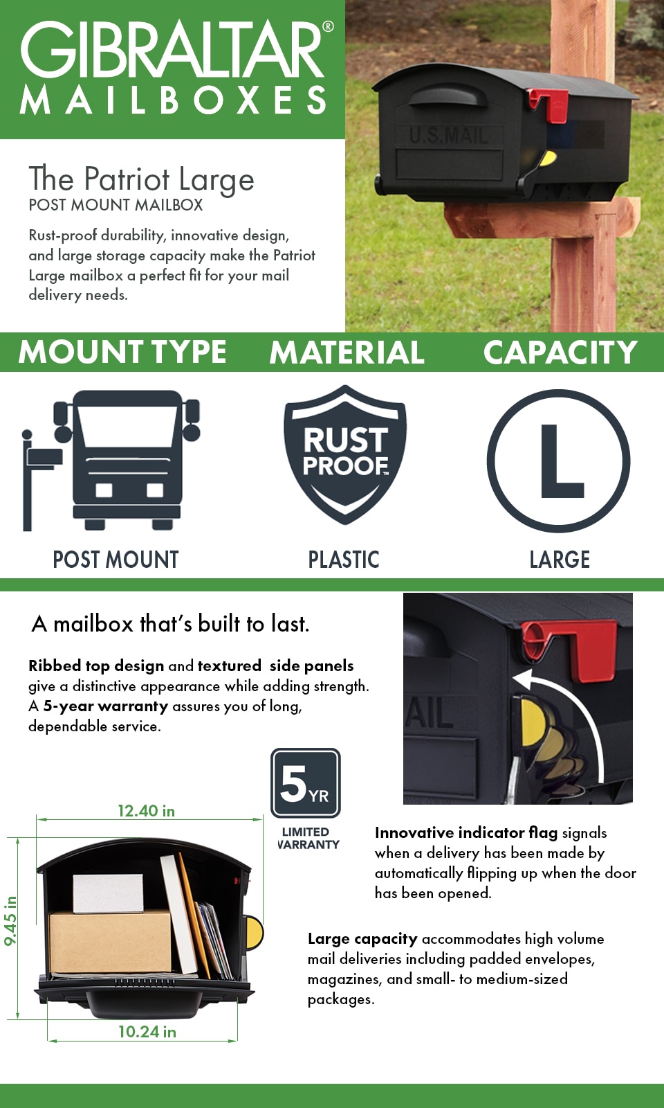 Architectural Mailboxes Patriot Black Large Plastic Post Mount Mailbox ...