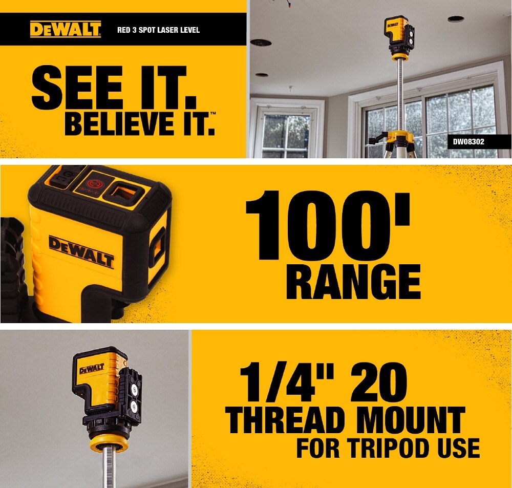 DEWALT 100 ft. Red Self-Leveling 3-Spot Laser Level with (2) AA ...