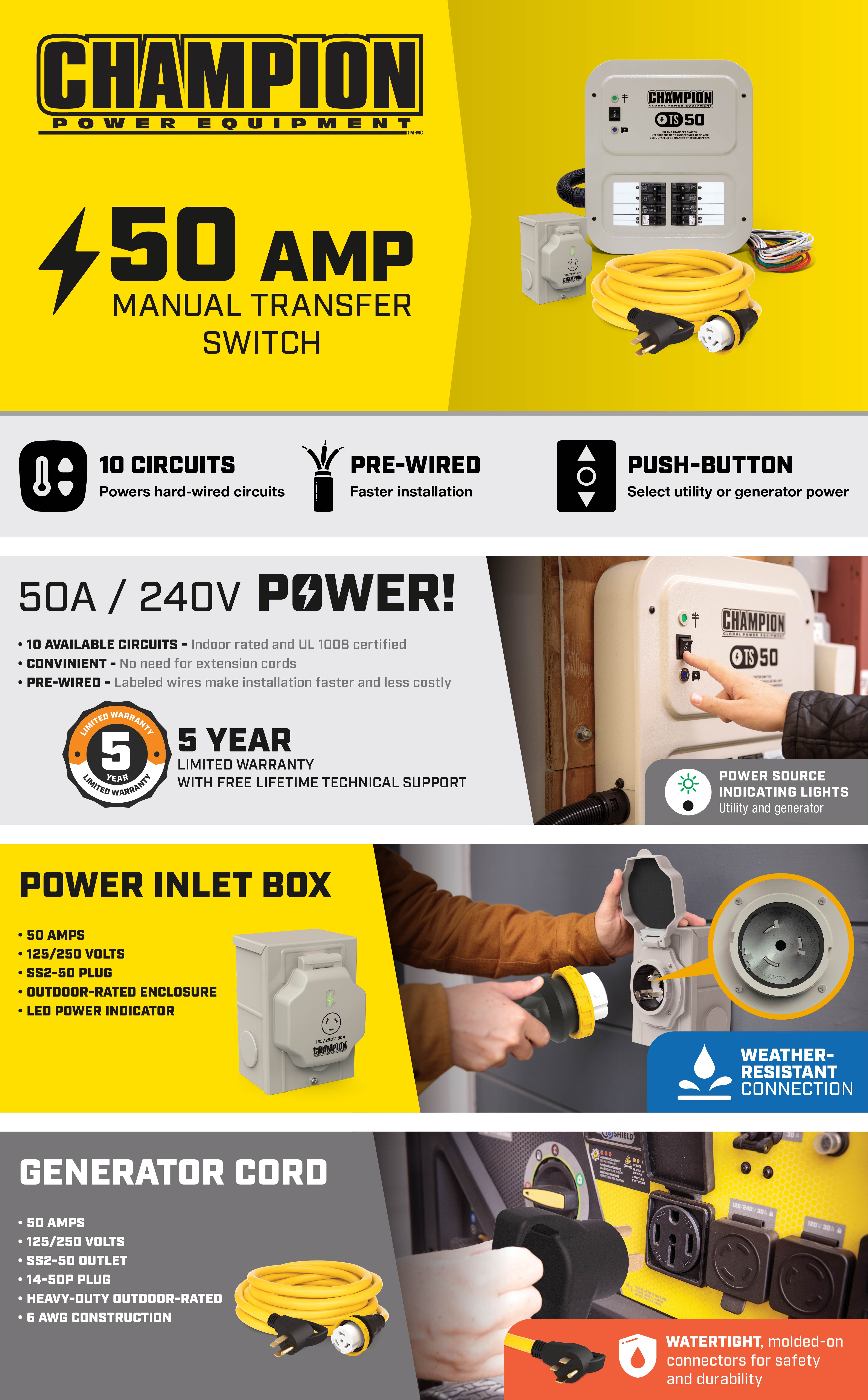 Champion Power Equipment 50 Amp 10 Circuit Manual Transfer Switch with ...