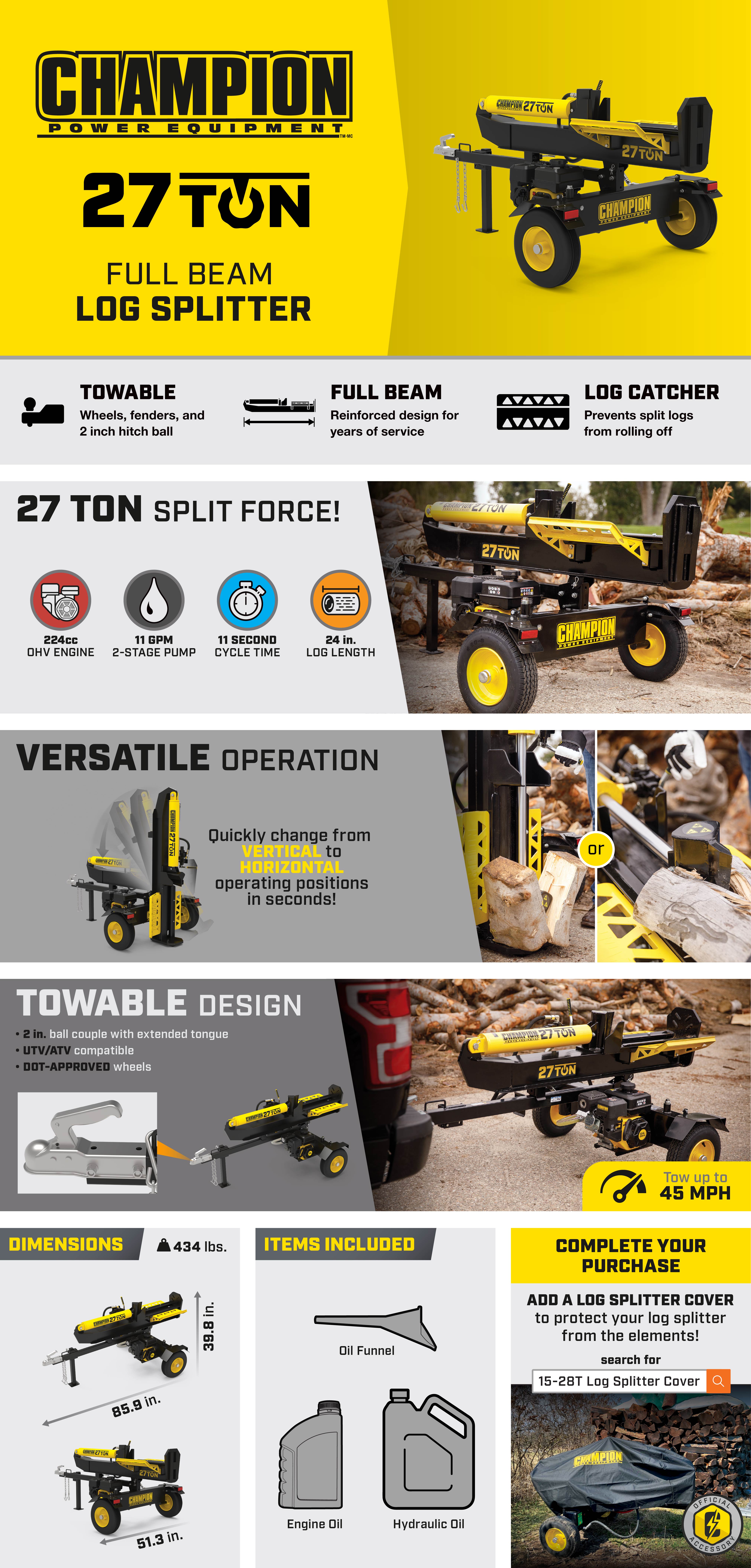 Champion Power Equipment 27 Ton 224cc Full Beam Vertical/Horizontal Op ...