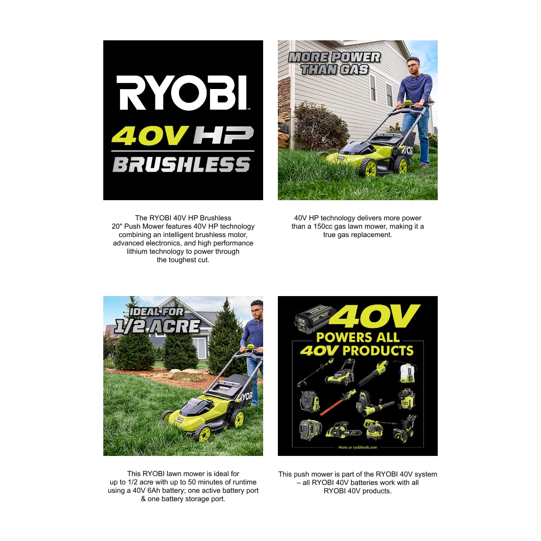 RYOBI 40V HP Brushless 20 in. Cordless Battery Walk Behind Push Lawn ...