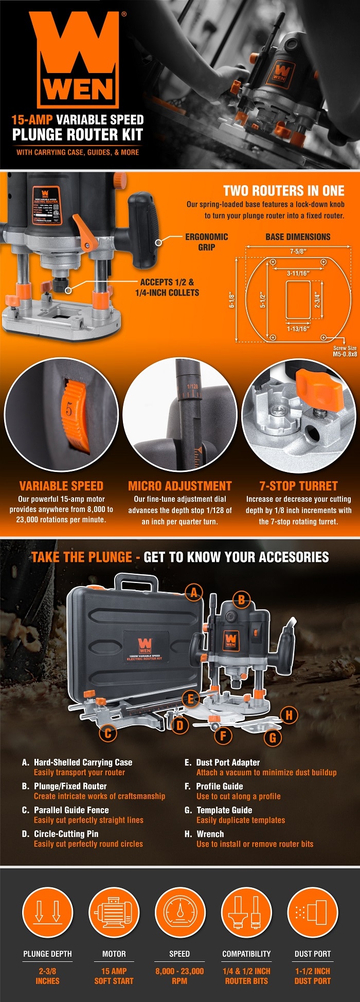 WEN 15 Amp Variable Speed Plunge Wood Working Corded Router Kit with ...