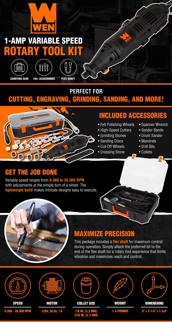 WEN 1 Amp Variable Speed Rotary Tool with 100+ Accessories, Carrying ...