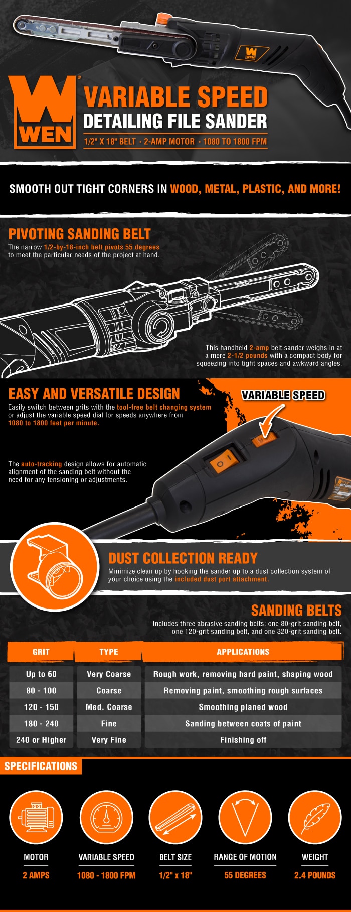 WEN Variable Speed 2 Amp Detailing File Sander with 1/2 in. x 18 in ...