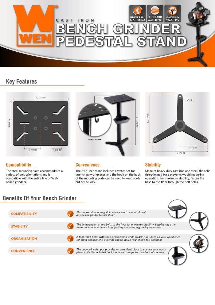 WEN Cast Iron Bench Grinder Pedestal Stand with Water Pot 4288T - The ...